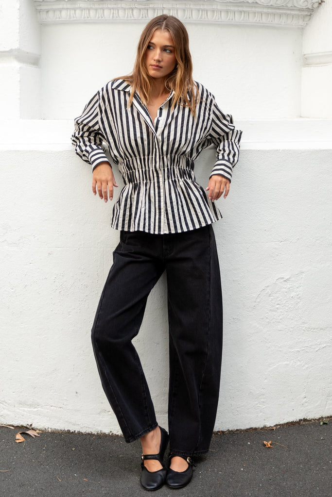 Shop Composite Black Bone Stripe Shirred Body Shirt | Flo & Frankie