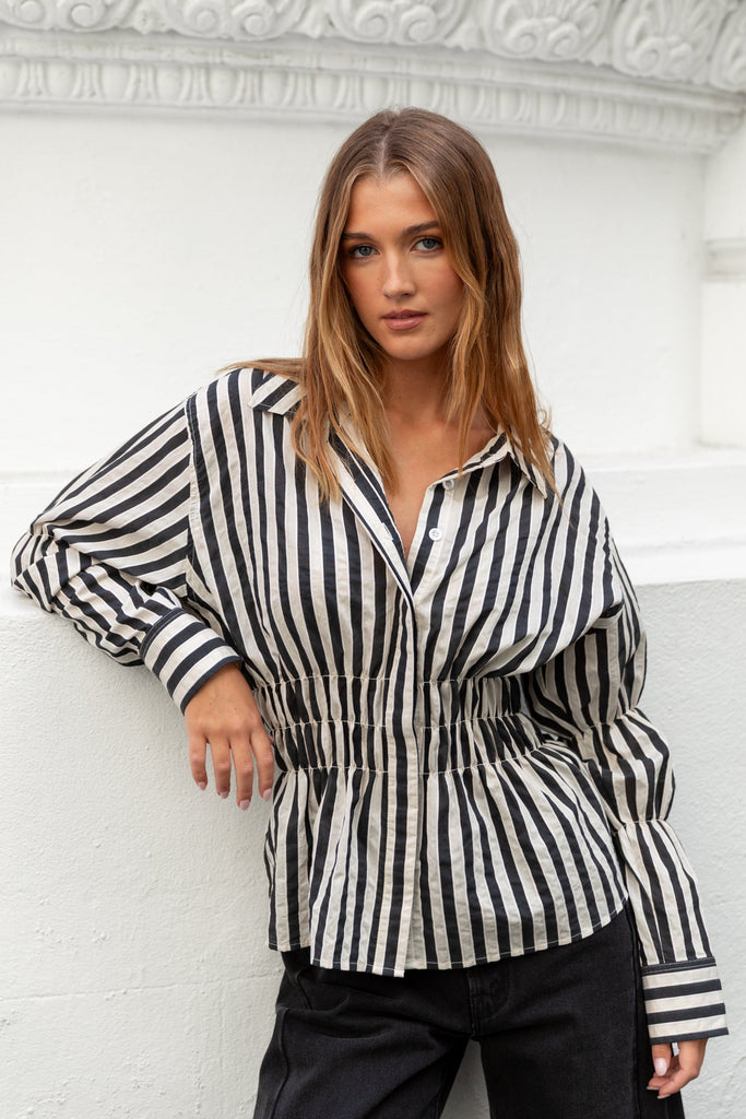 Shop Composite Black Bone Stripe Shirred Body Shirt | Flo & Frankie