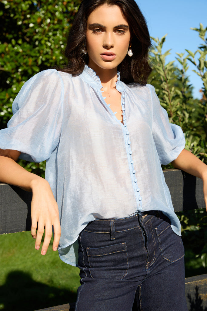 Shop Continuance Pale Blue High Neck Buttoned SS Top | Flo & Frankie