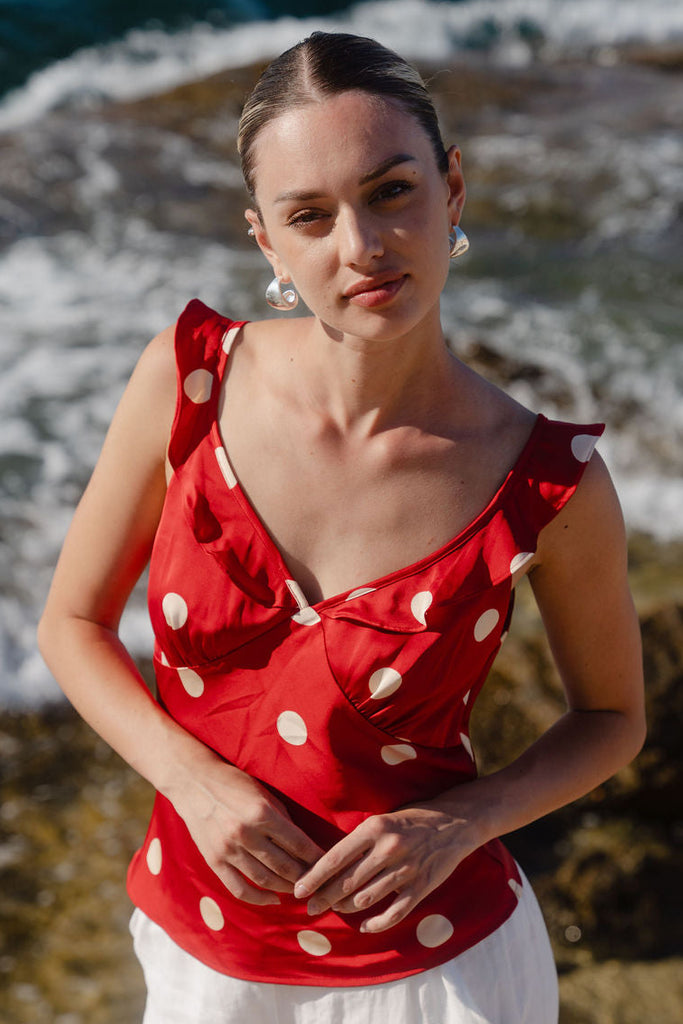 Shop Crave Cherry Polka Dot Ruffle Neck Cami Top | Flo & Frankie