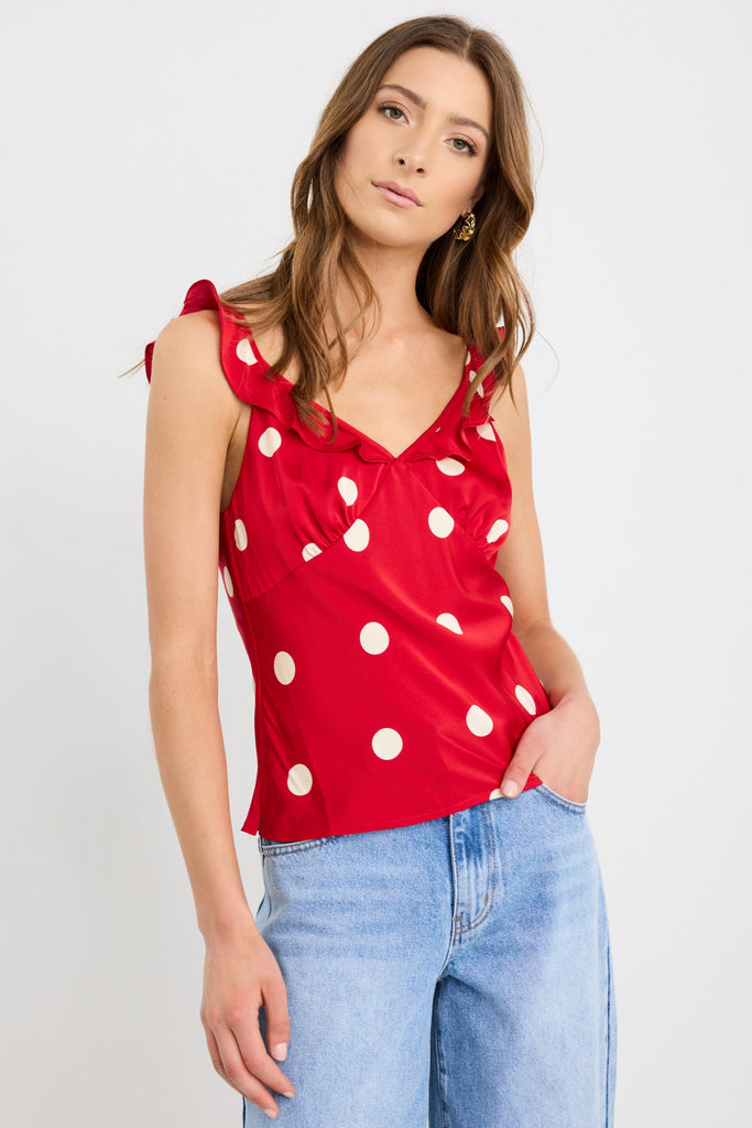 Shop Crave Cherry Polka Dot Ruffle Neck Cami Top | Flo & Frankie