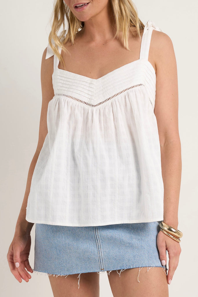 Shop Unconventional White Self Check Cotton Tie Strap Cami | Flo & Fra