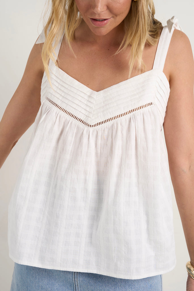 Shop Unconventional White Self Check Cotton Tie Strap Cami | Flo & Fra