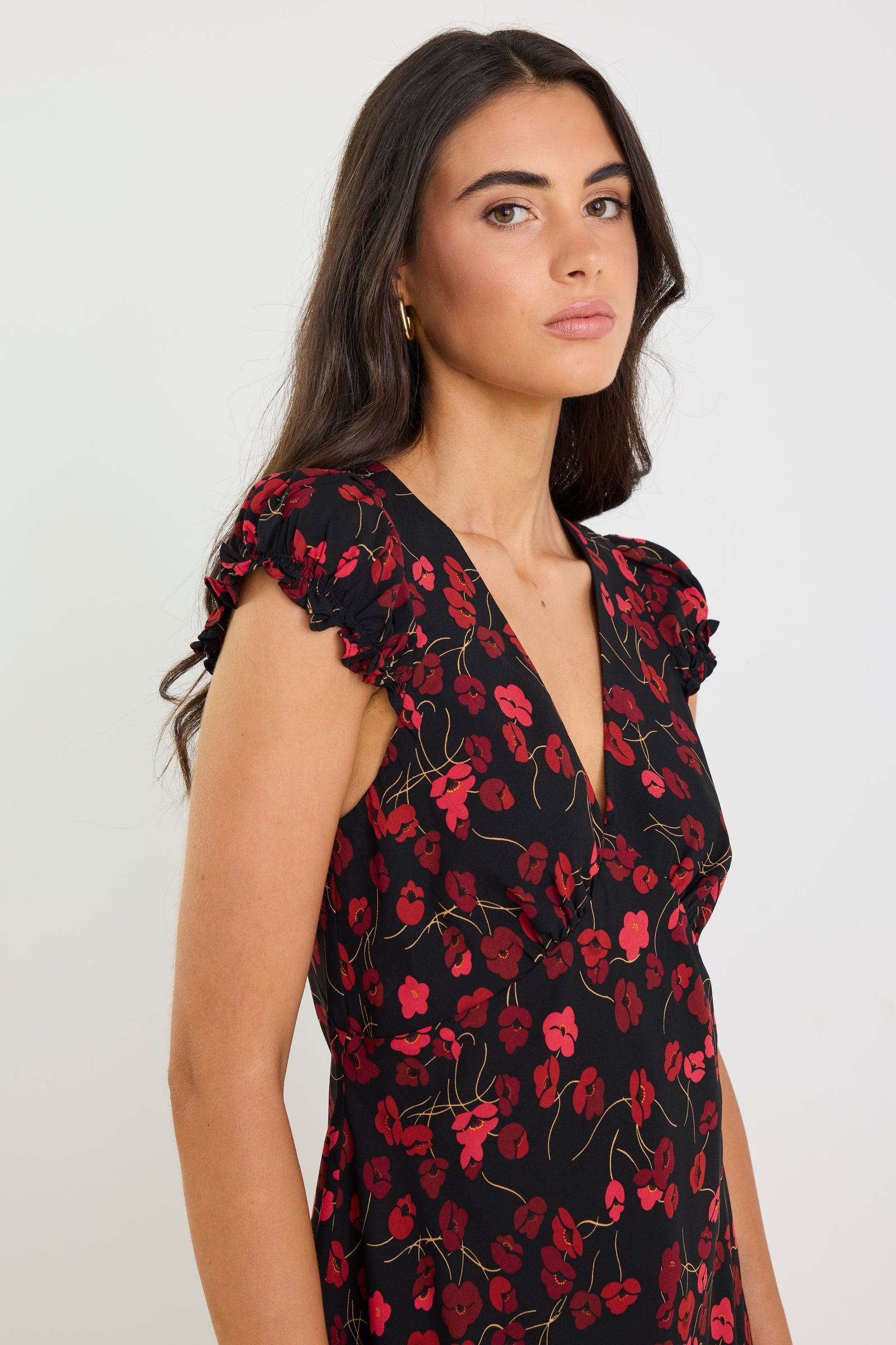 Shop Derry Black Poppy Print Lightweight Cap Sleeve V Neck Mini Dress
