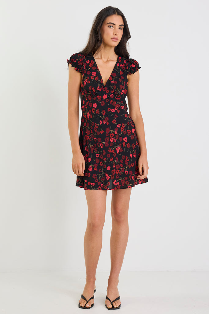 Shop Derry Black Poppy Print Lightweight Cap Sleeve V Neck Mini Dress