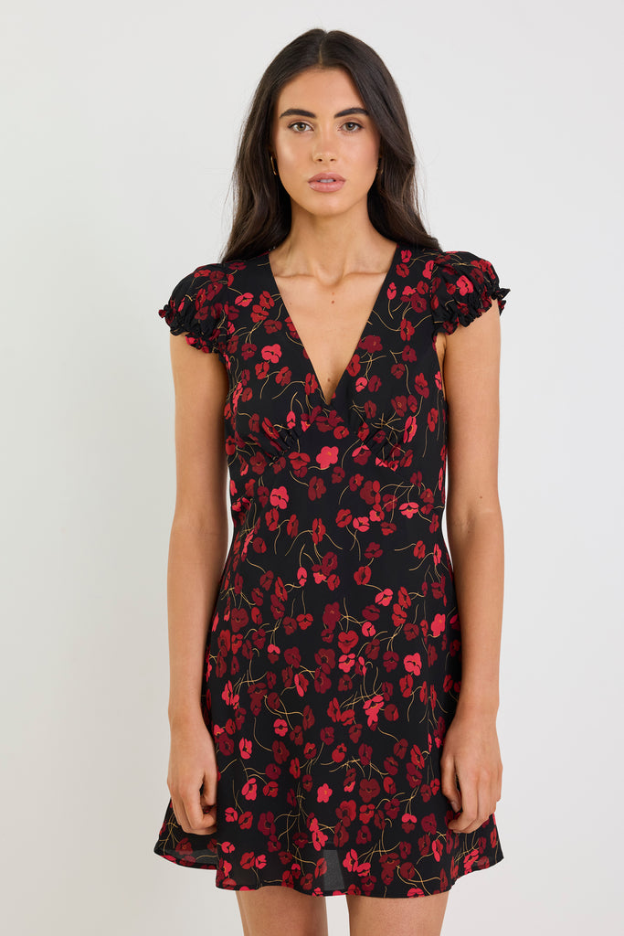 Shop Derry Black Poppy Print Lightweight Cap Sleeve V Neck Mini Dress