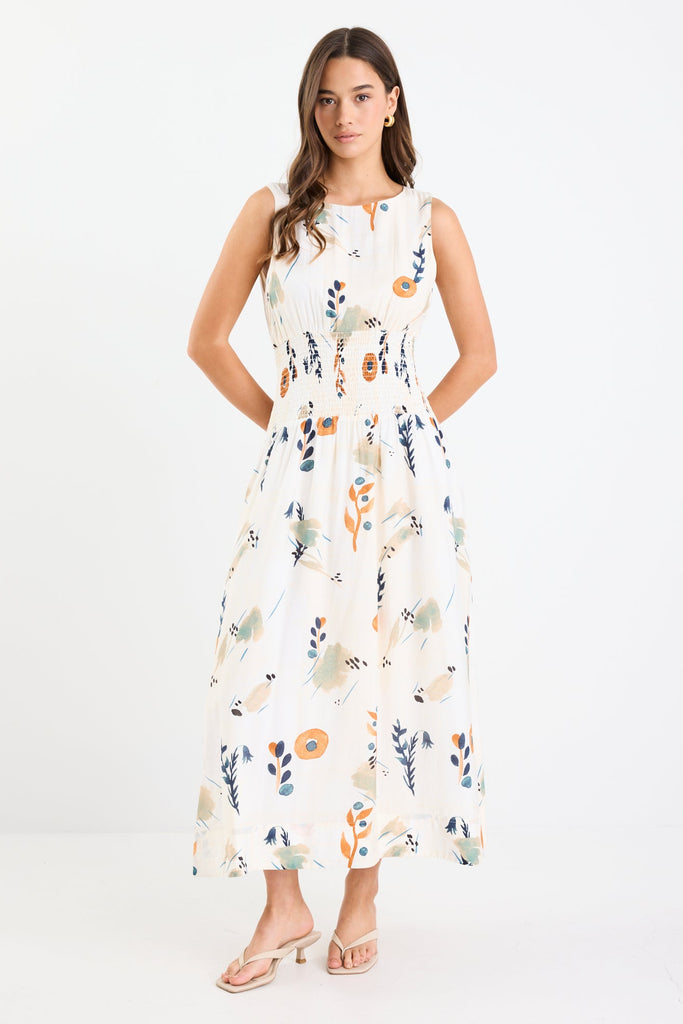 Shop Duchess Earthy Botanical Sleeveless Shirred Waist Maxi Dress | Fl
