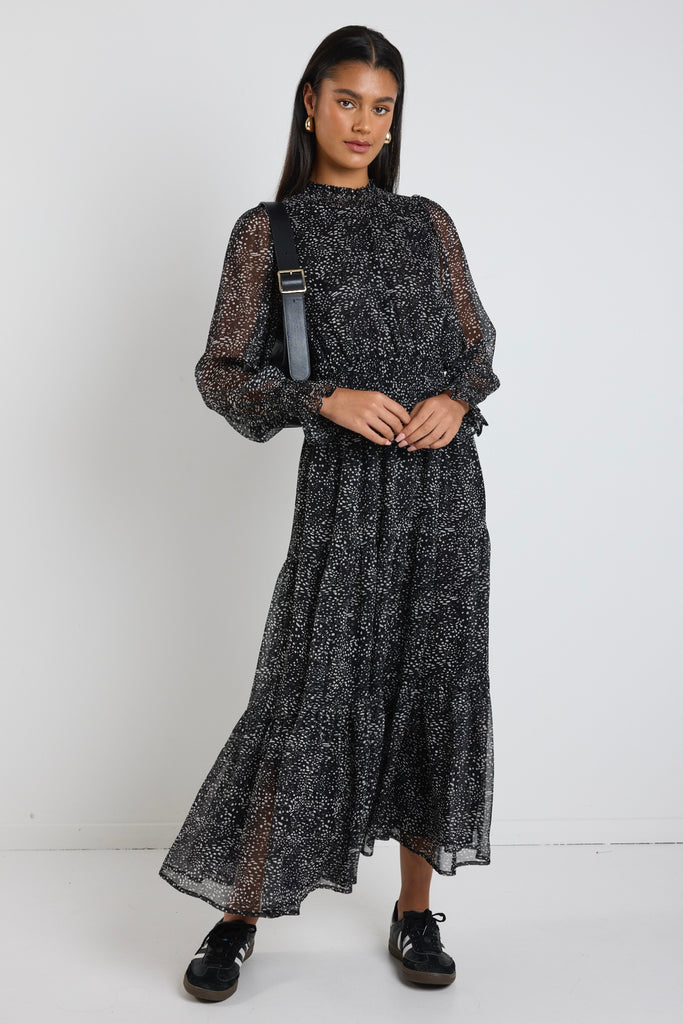 Shop Ebony Black Grey Spot LS Shirred Neck Midi Dress | Flo & Frankie