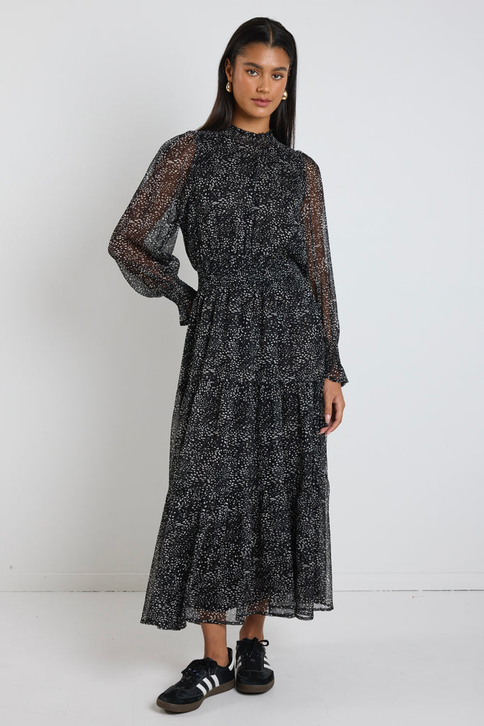 Shop Ebony Black Grey Spot LS Shirred Neck Midi Dress | Flo & Frankie