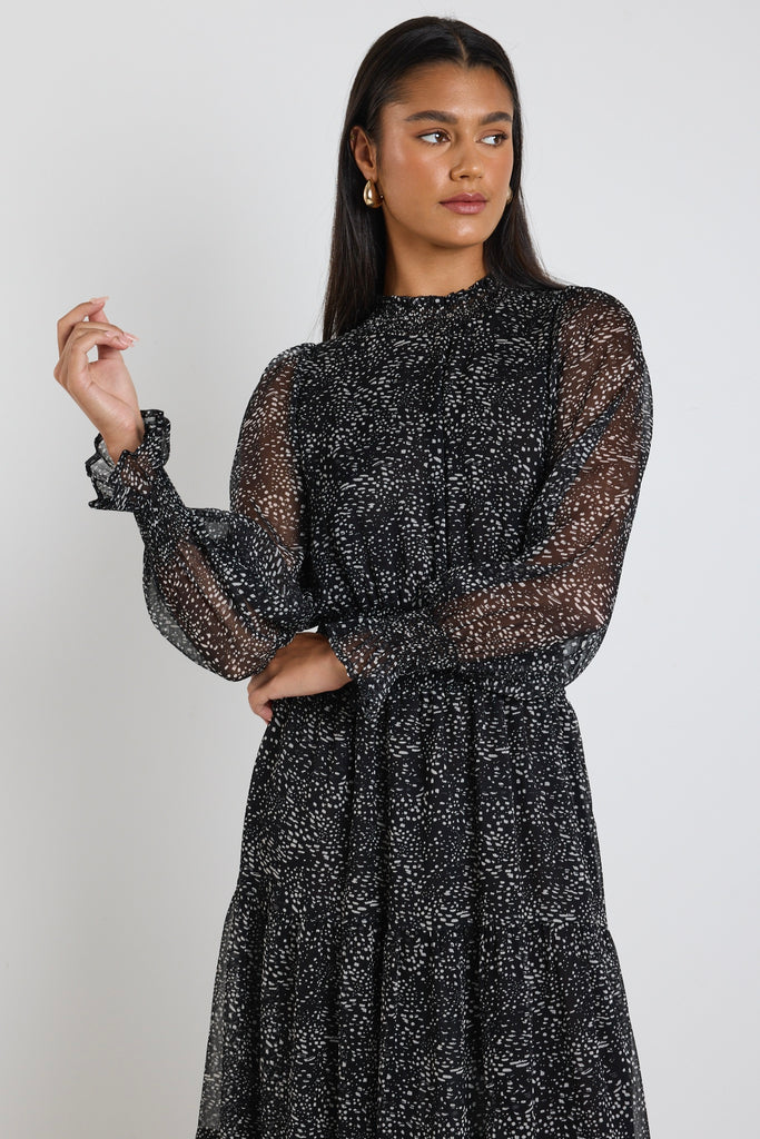 Shop Ebony Black Grey Spot LS Shirred Neck Midi Dress | Flo & Frankie