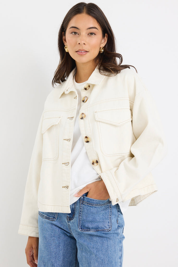 Shop Echo Ecru Patch Pocket Denim jacket | Flo & Frankie