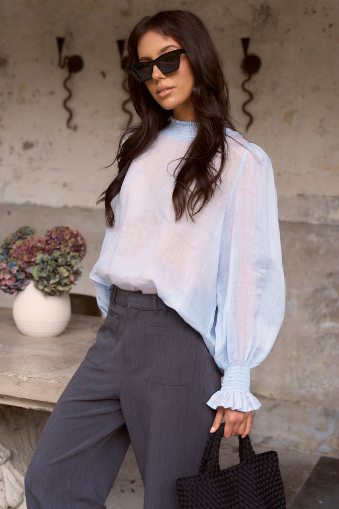 Shop Embrace Ice Blue Ramie Shirred Neck LS Top | Flo & Frankie