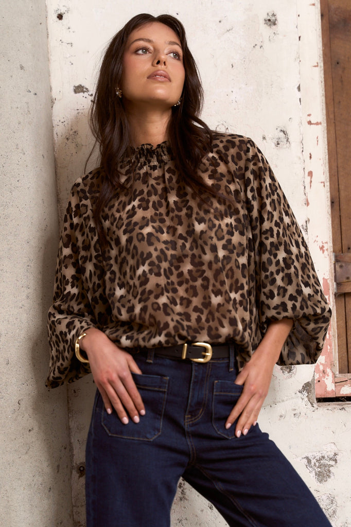 Shop Embrace Leopard Georgette High Neck LS Top | Flo & Frankie