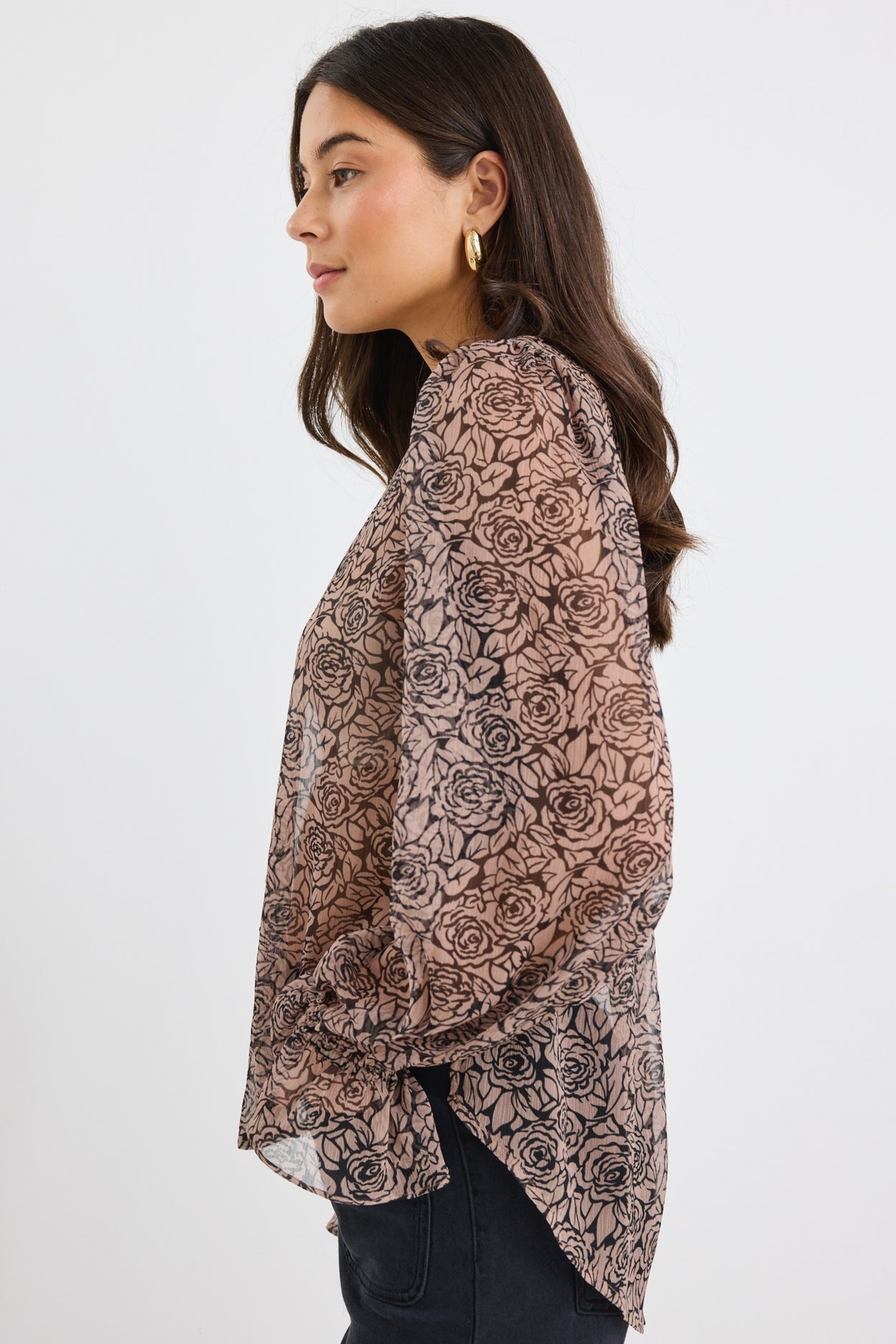 Shop Endless Black Taupe Roses Georgette Blouson Sleeve LS Top | Flo