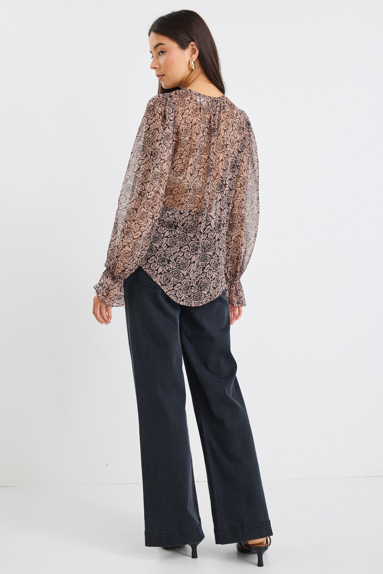 Shop Endless Black Taupe Roses Georgette Blouson Sleeve LS Top | Flo