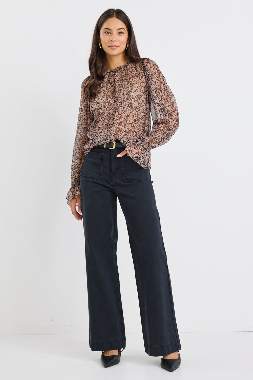 Shop Endless Black Taupe Roses Georgette Blouson Sleeve LS Top | Flo