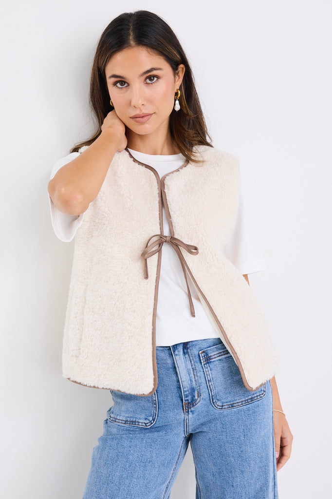 Shop Ethic Cream Sherpa Tie Front Gilet | Flo & Frankie