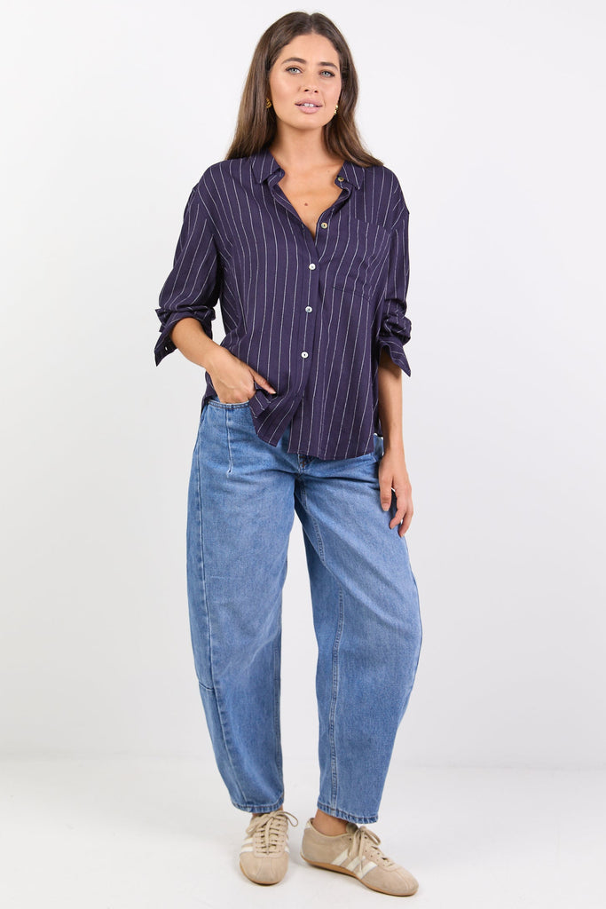 Shop Exalted Navy Stripe Linen Viscose Oversized Shirt | Flo & Frankie