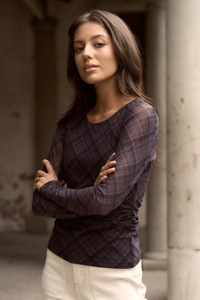 Shop Explore Charcoal Check LS Wide Neck Top | Flo & Frankie