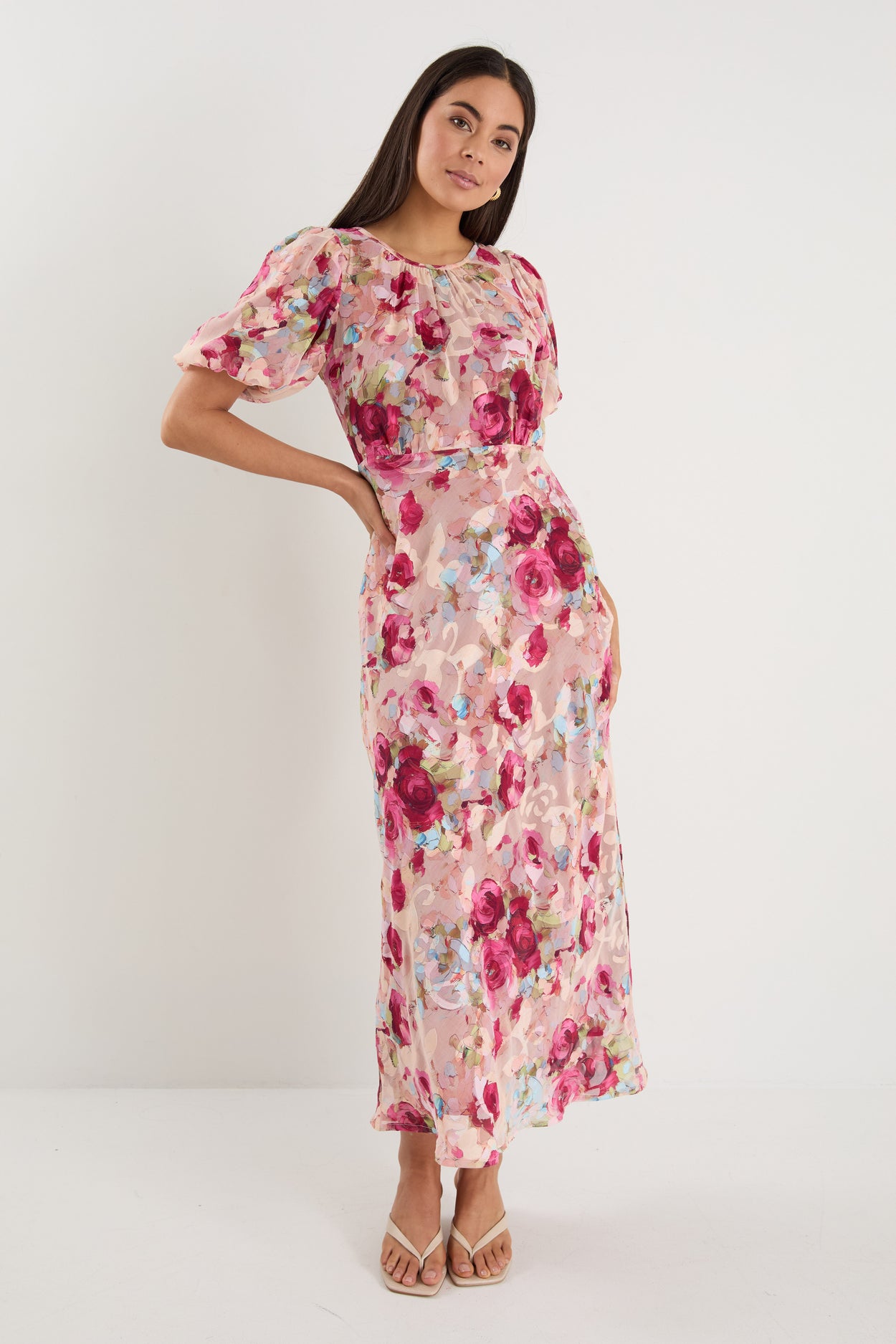 Shop Exquisite Painted Rose Puff Sleeve Midi Dress | Flo & Frankie