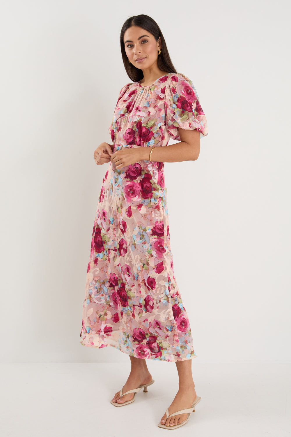 Shop Exquisite Painted Rose Puff Sleeve Midi Dress | Flo & Frankie
