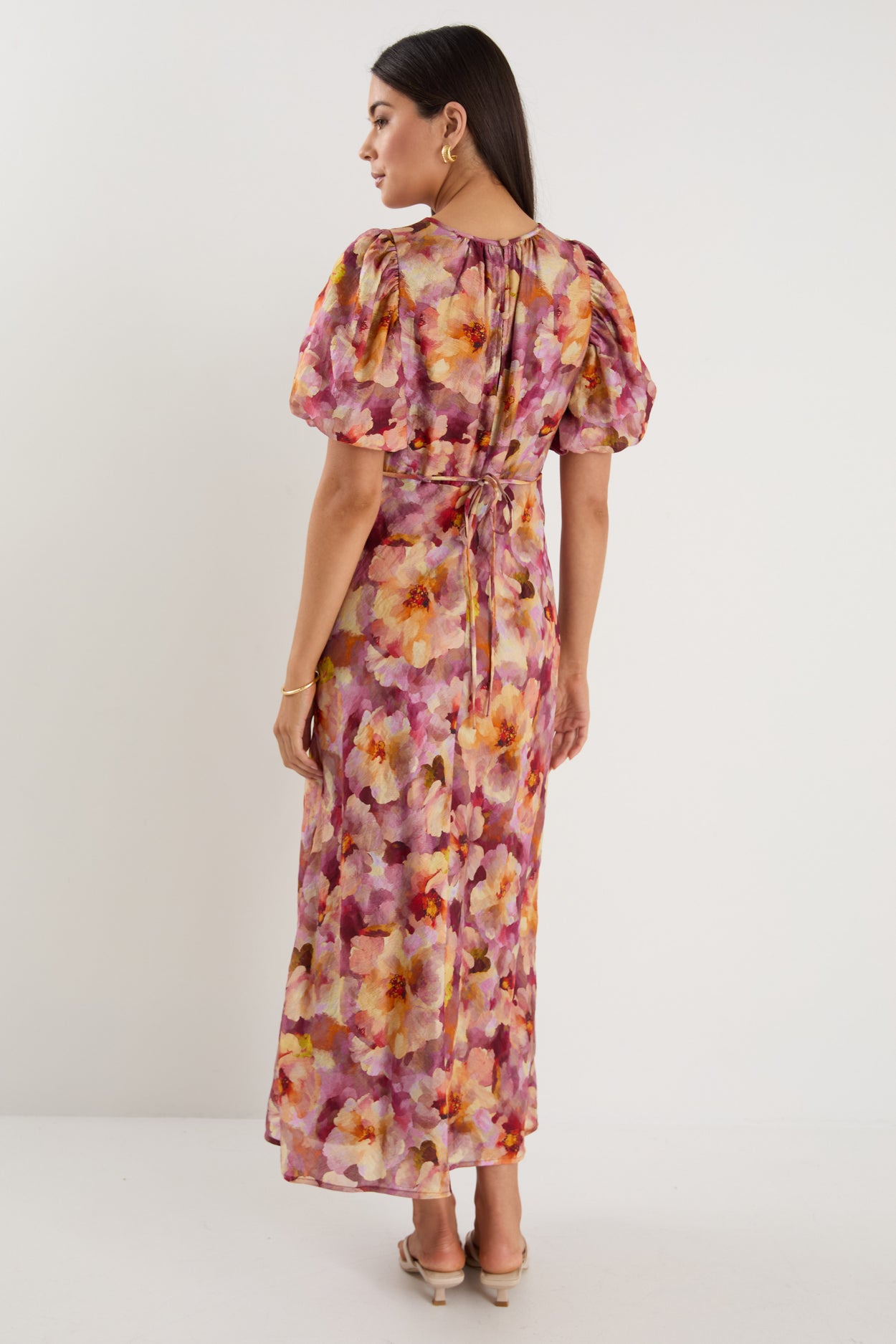 Shop Exquisite Pink Multi Floral Puff Sleeve Midi Dress | Flo & Franki