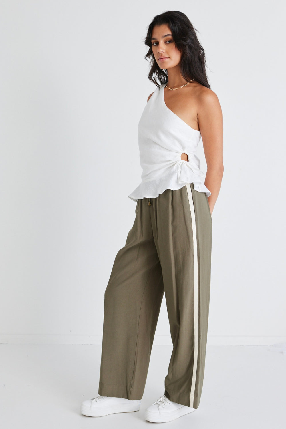 Shop White Linen One Shoulder Cutout Top Online | Flo & Frankie