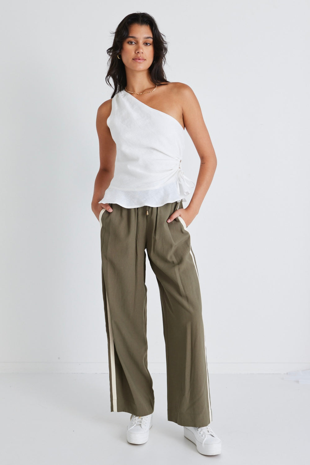 Shop White Linen One Shoulder Cutout Top Online | Flo & Frankie