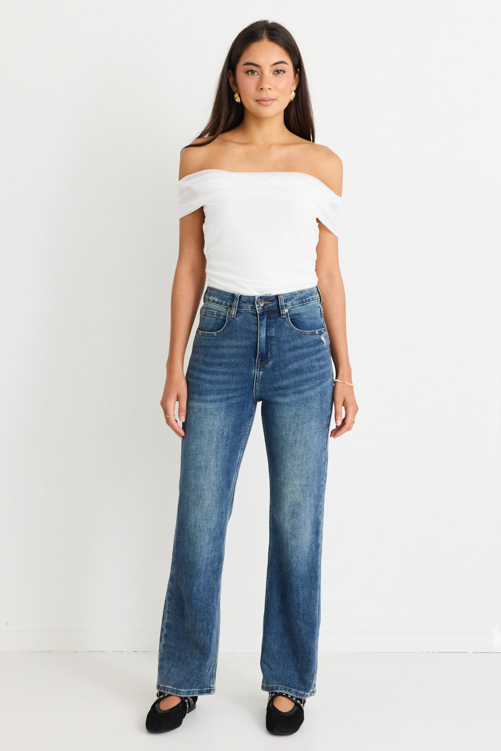 Shop Farah Mid Blue High Rise Soft Flare Jean | Flo & Frankie