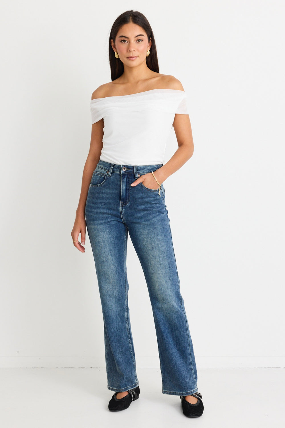 Shop Farah Mid Blue High Rise Soft Flare Jean | Flo & Frankie