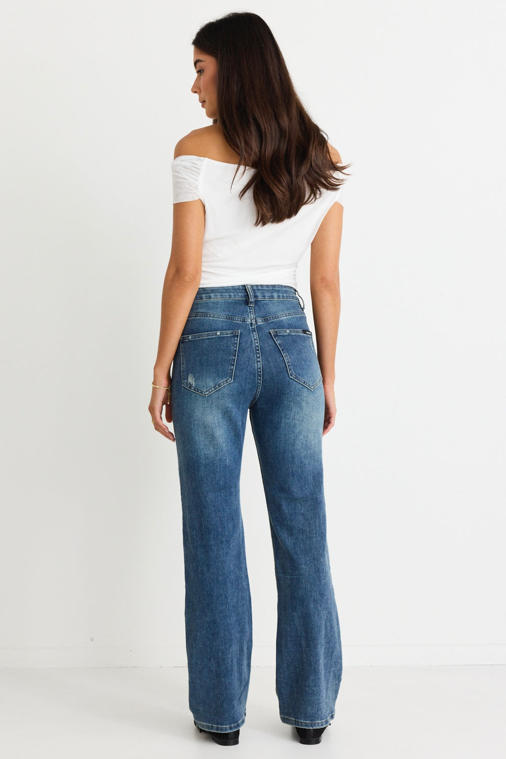 Shop Farah Mid Blue High Rise Soft Flare Jean | Flo & Frankie
