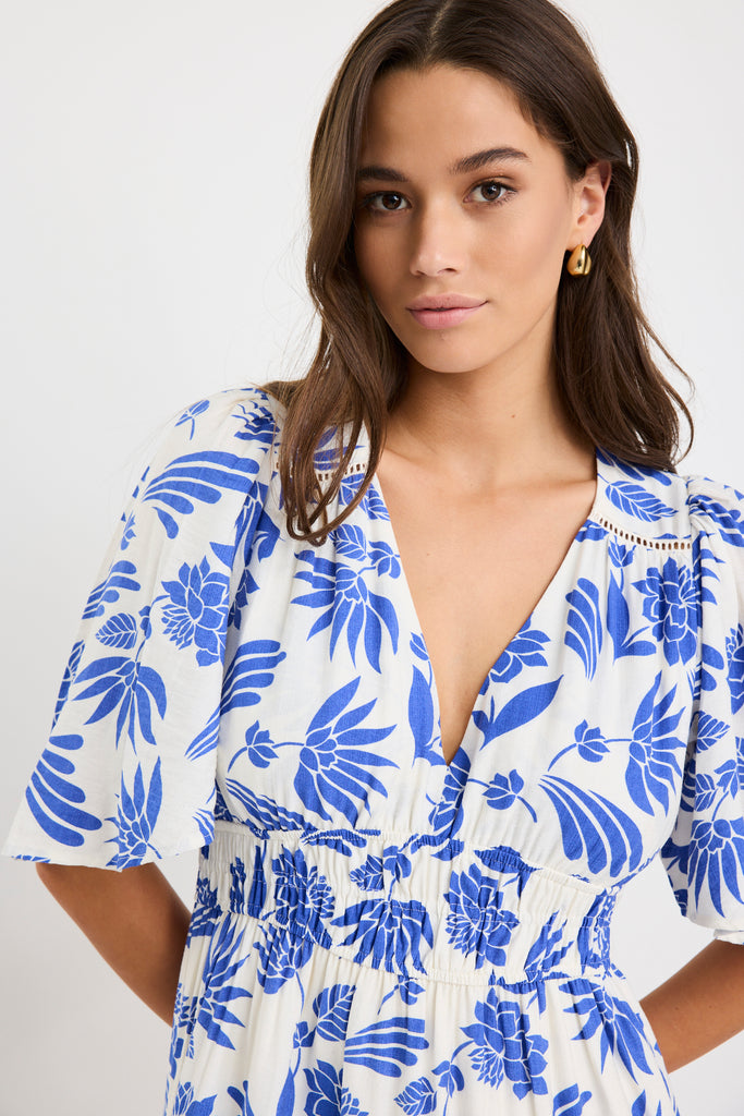 Shop Fluent Blue Lotus Flutter Sleeve Tiered Maxi Dress | Flo & Franki