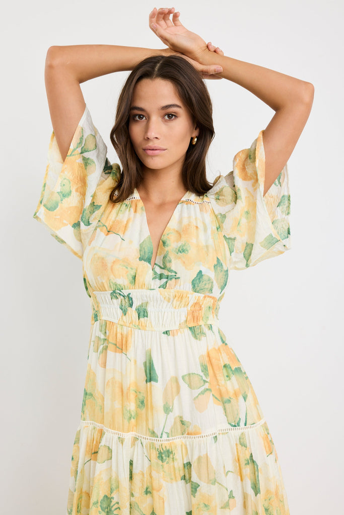Shop Fluent Honey Floral Crinkle Fabric Flutter Sleeve Maxi Dress | Fl