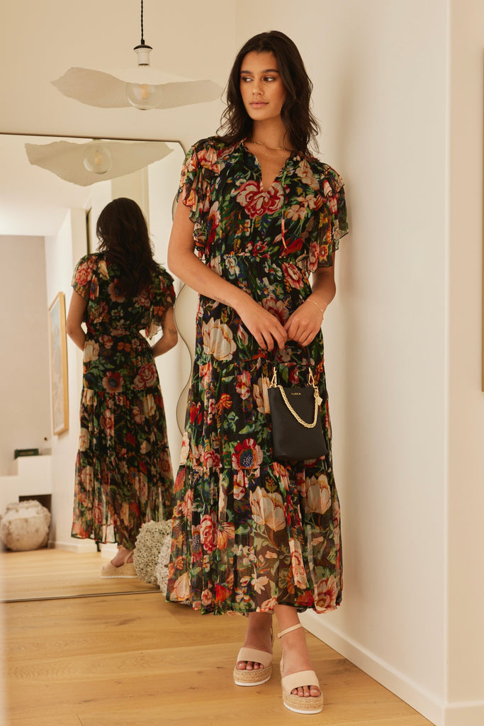 Shop Flutter Black Floral Floaty Sleeve Maxi Dress | Flo & Frankie