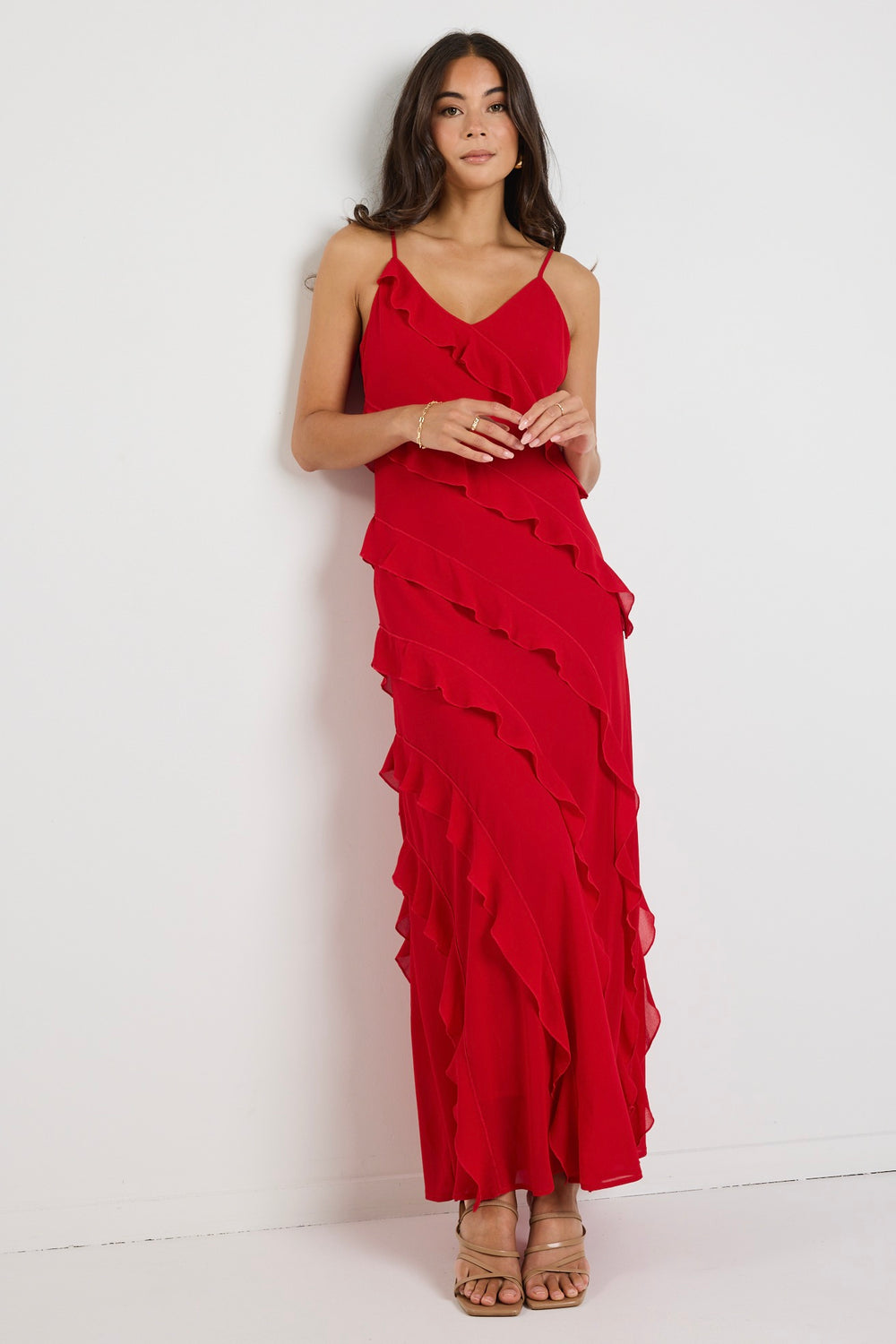 Shop Galore Flame Bias Ruffle Slip Maxi Dress | Flo & Frankie
