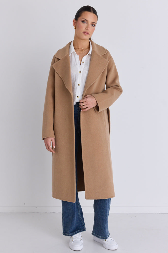 Shop Geneva Camel Wool Blend Belted Coat | Flo & Frankie
