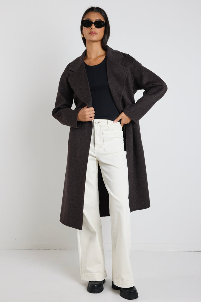 Shop Geneva Chocolate Marle Wool Belted Coat | Flo & Frankie
