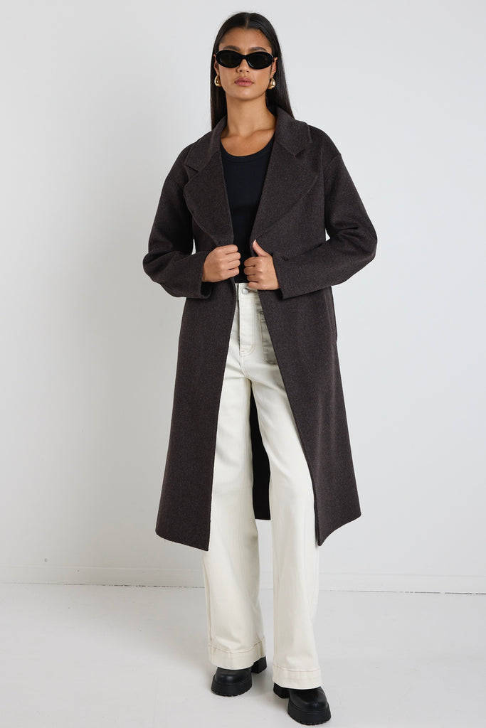 Shop Geneva Chocolate Marle Wool Belted Coat | Flo & Frankie