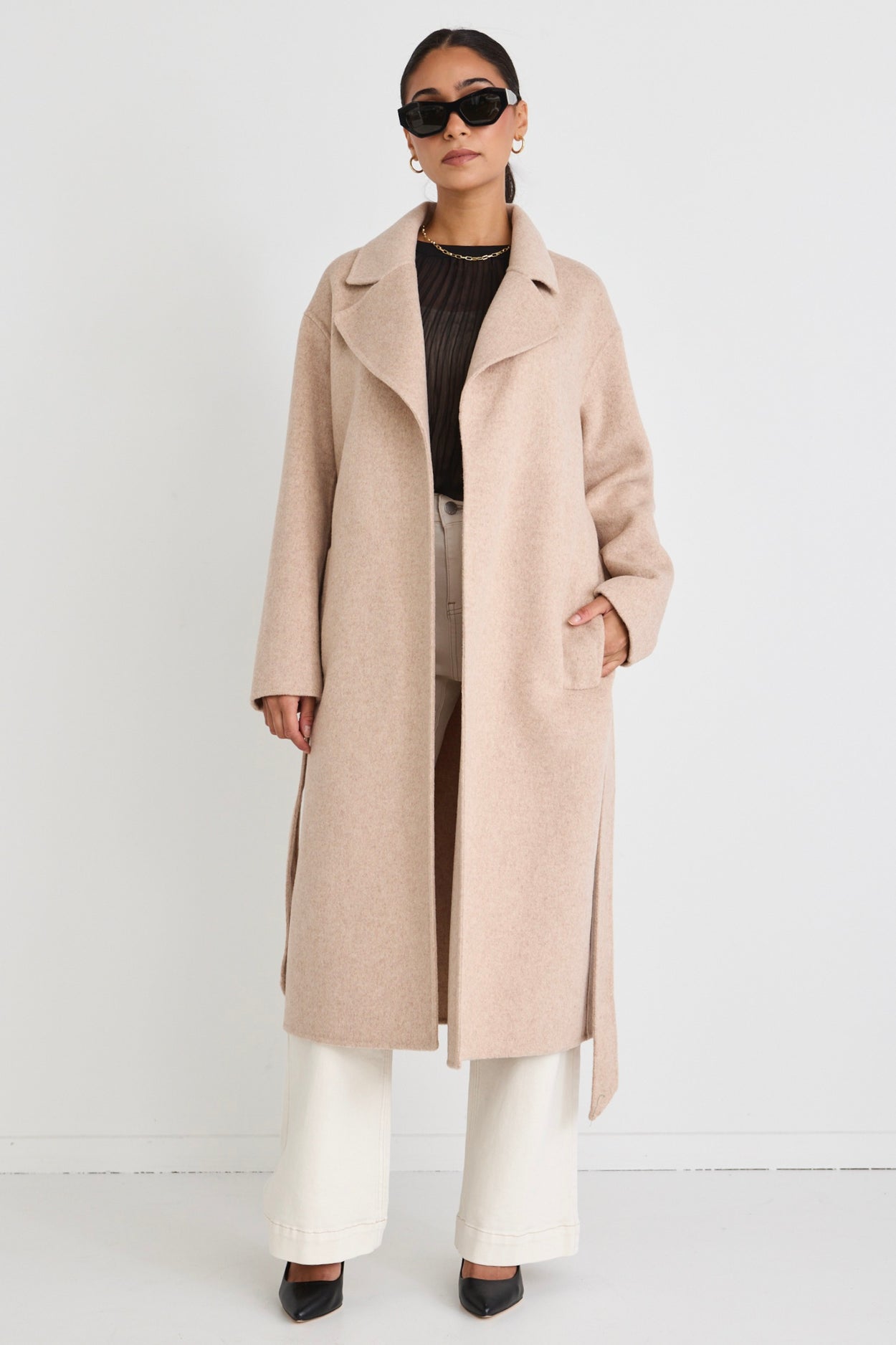 Shop Geneva Oat Wool Blend Belted Coat | Flo & Frankie