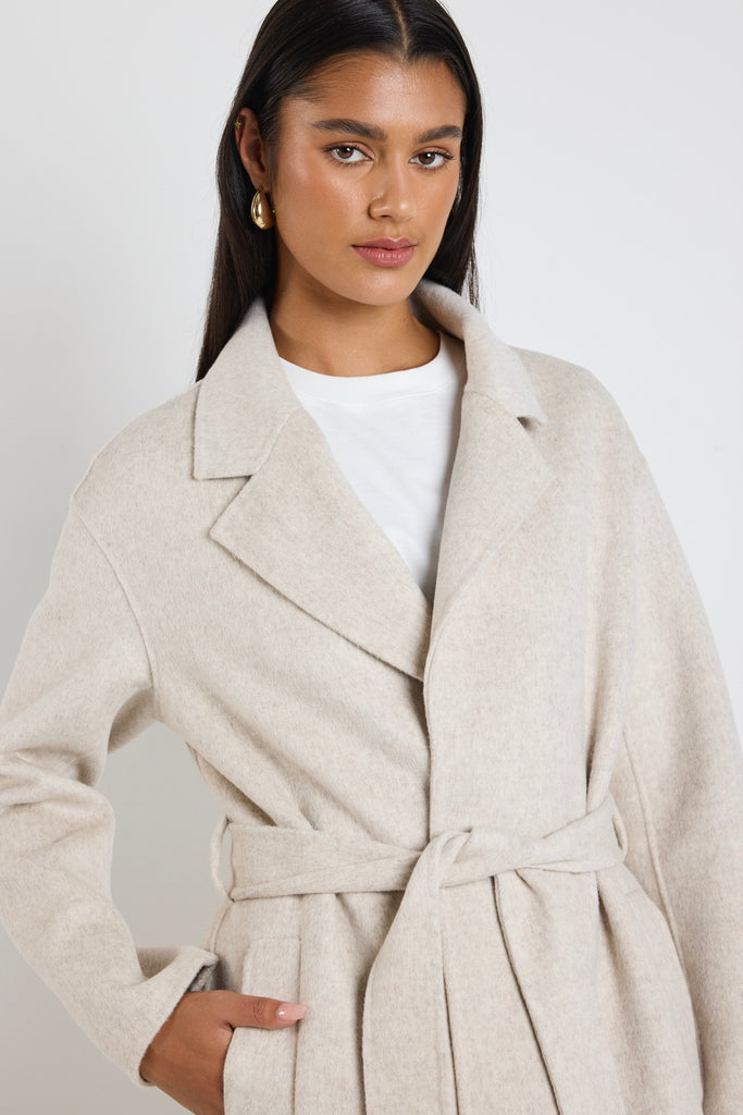 Shop Geneva Snow Marle Wool Blend Belted Coat | Flo & Frankie