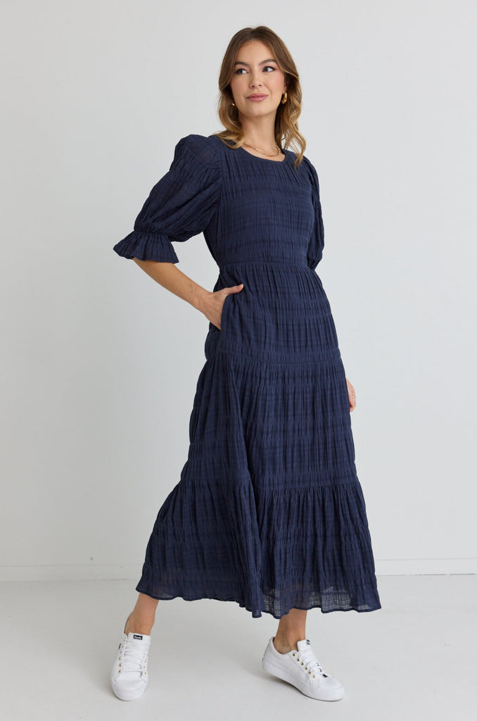 Shop Gratitude Navy Bubble SS Tiered Maxi Dress | Flo & Frankie