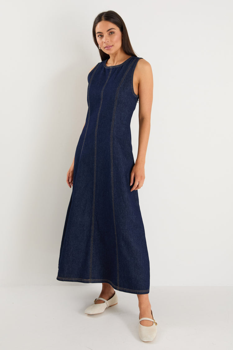 Shop Highway Indigo Denim Sleeveless Midi Dress | Flo & Frankie