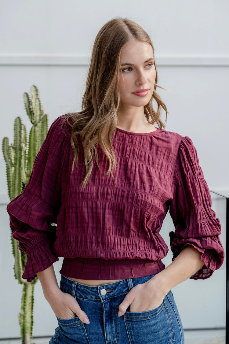Shop Imagine Burgundy Shirred Cotton Frill Sleeve LS Top | Flo & Frank