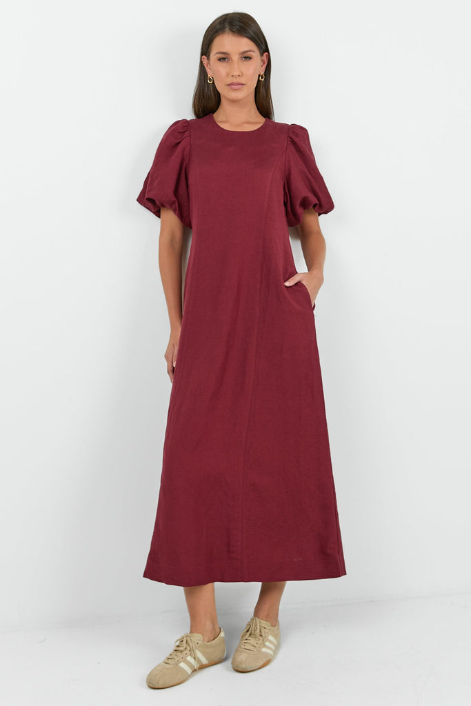 Shop Indulgent Burgundy Puff Sleeve Relaxed Maxi Dress | Flo & Frankie