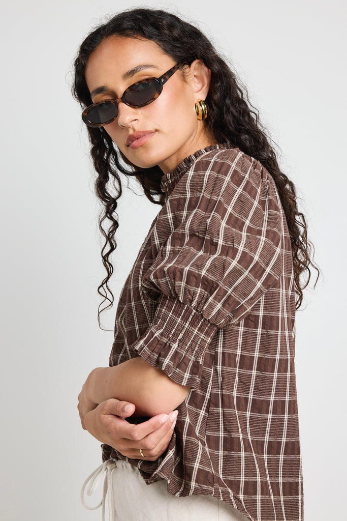 Shop Influential Chocolate Check High Neck SS Top | Flo & Frankie