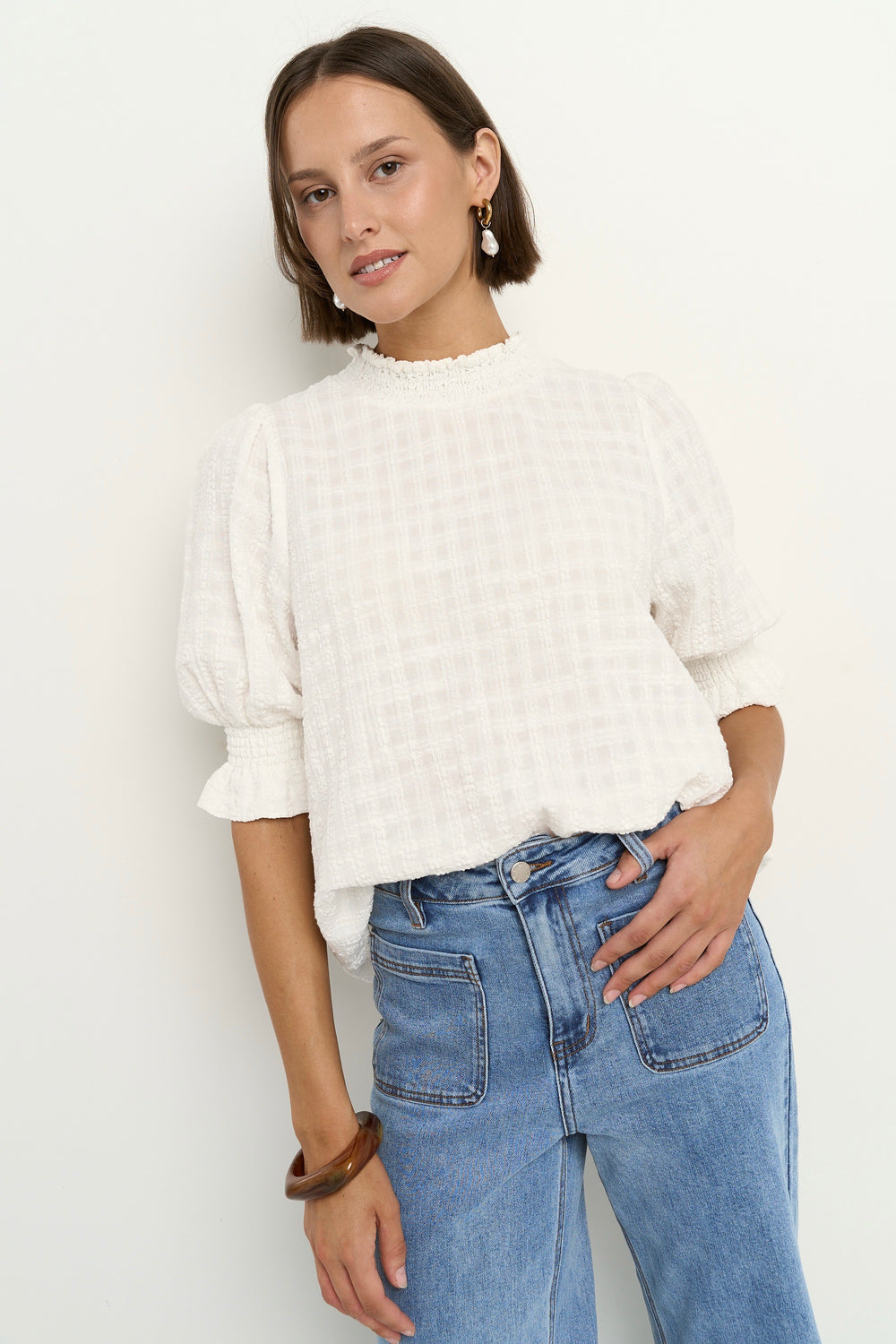 Shop Influential Ivory Texture High Neck Top | Flo & Frankie