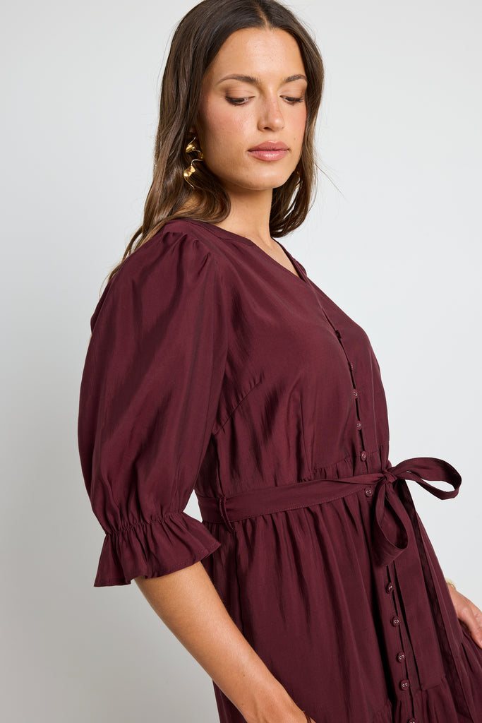 Shop Irresistible Burgundy Plum SS Button Front Tiered Maxi Dress | Fl