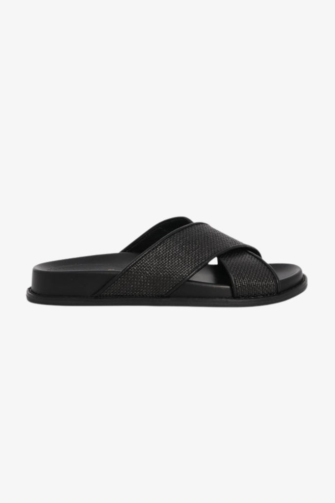 Shop Jacee Black Woven Cross Over Slide | Flo & Frankie