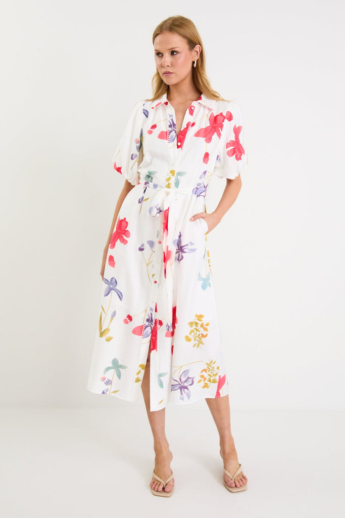 Shop Jasmine Cream Poppy Floral Puff Sleeve Long Shirt Dress | Flo & F