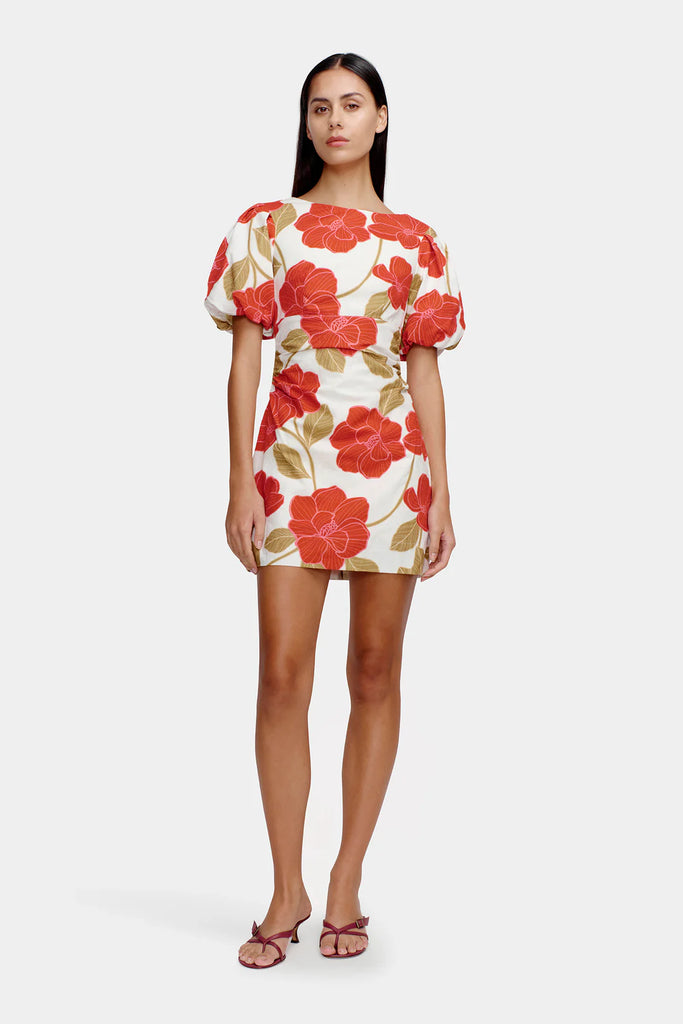 Shop Kimberley Primrose Red Floral Puff Sleeve Mini Dress | Flo & Fran